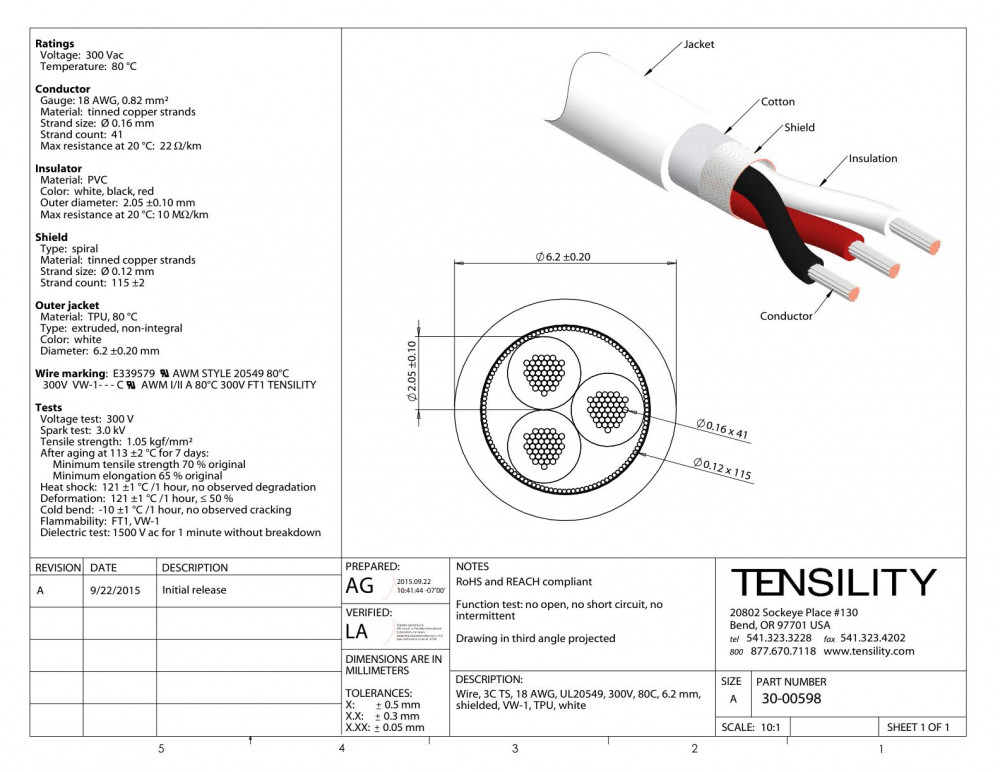 Tensility International 30-00598 cable drawing and specification page