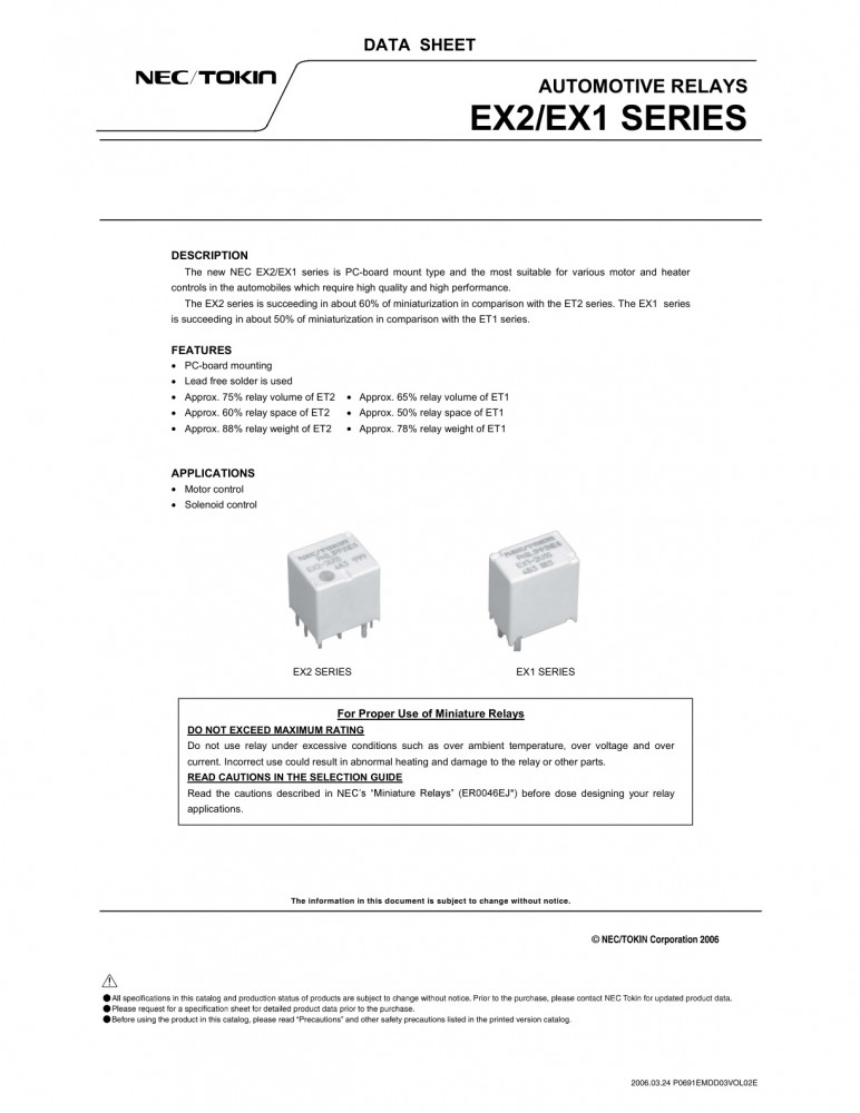 EX1/EX2 automotive relay catalog page 1