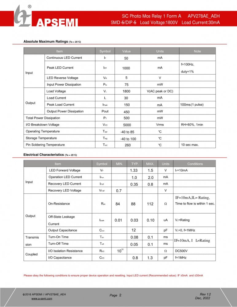 APV278AEH datasheet page 2