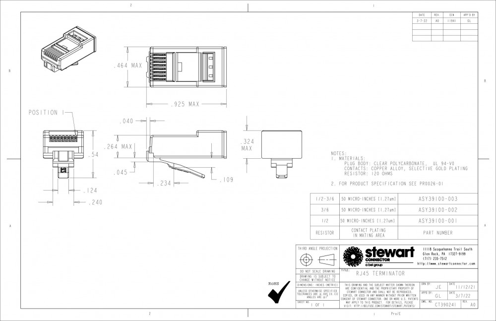ASY39100-001 RJ45 Terminator technical drawing
