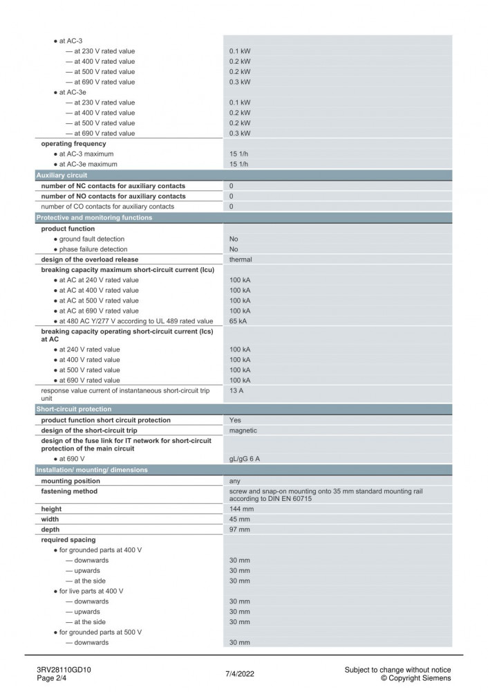 3RV28110GD10 technical document page 2