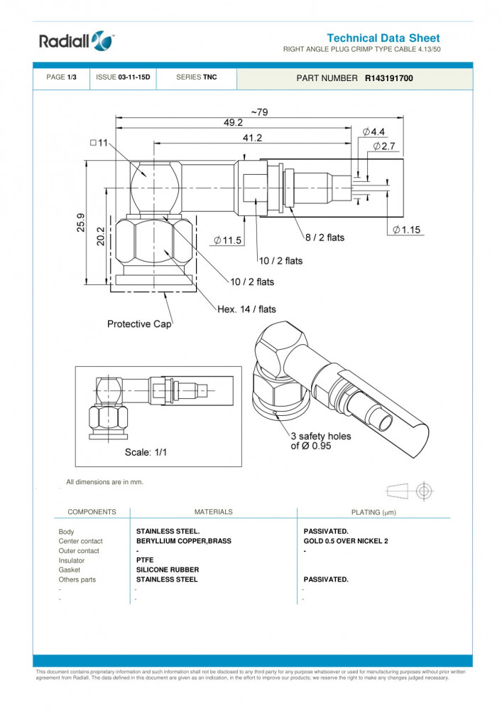 Radiall R143191700 datasheet page 1: dimensional drawing and materials