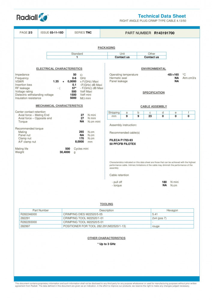 Radiall R143191700 datasheet page 2: electrical, mechanical and cable assembly specifications