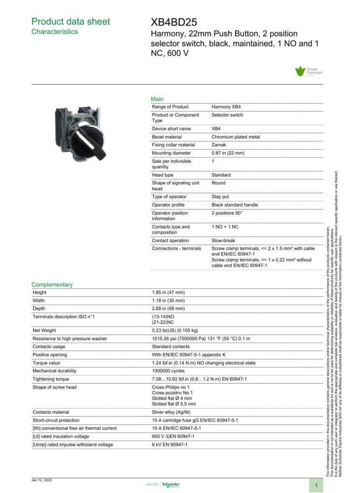 XB4BD25 technical document page 1