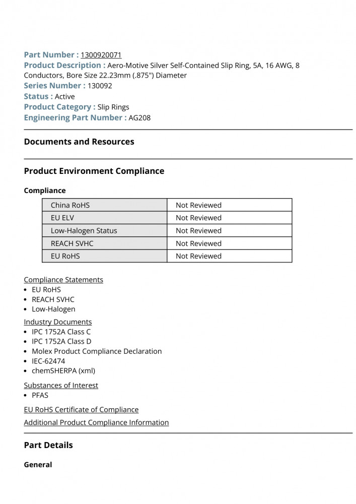 Product document page 1 for MOLEX 1300920071
