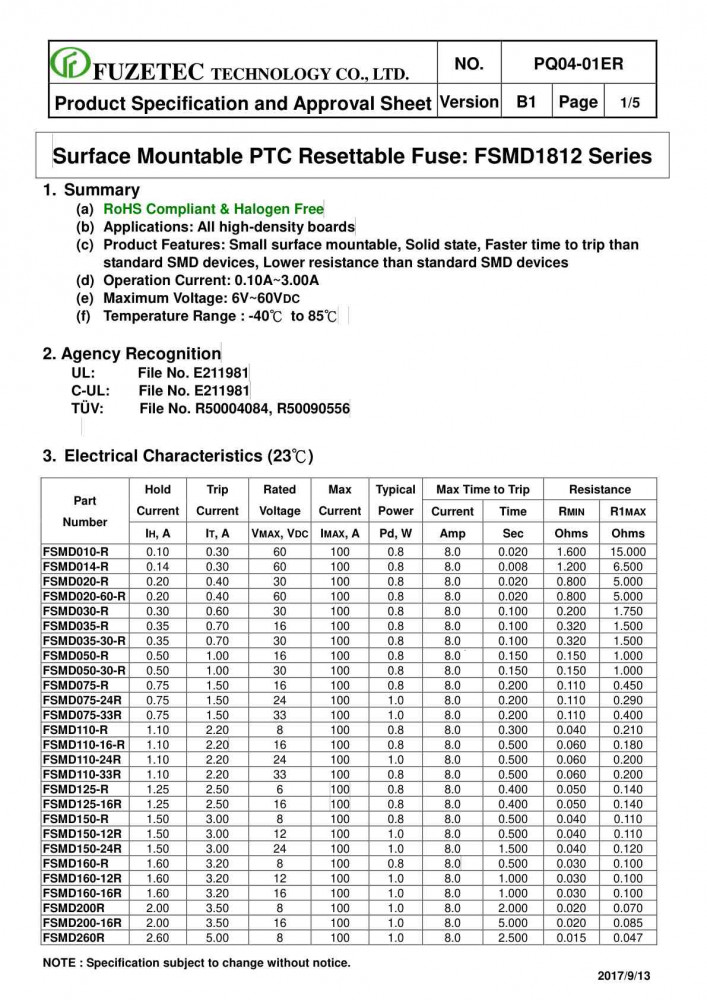 FUZETEC FSMD1812 specification sheet page 1