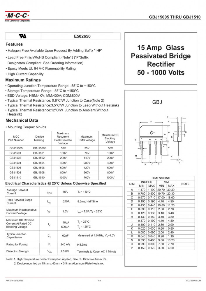 GBJ15005-BP datasheet page 1