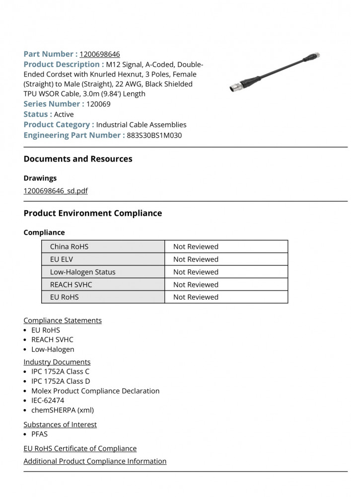 MOLEX cable assembly technical drawing, page 1