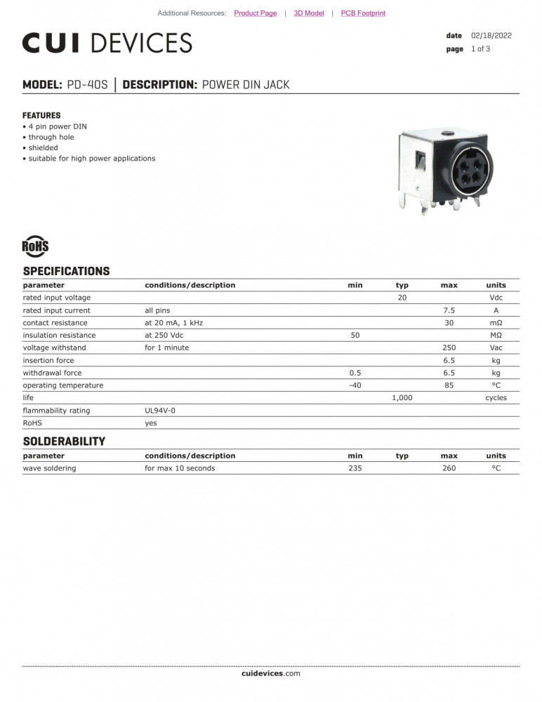 CUI PD-40S datasheet page 1