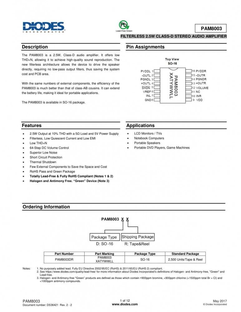 PAM8003DR datasheet page 1