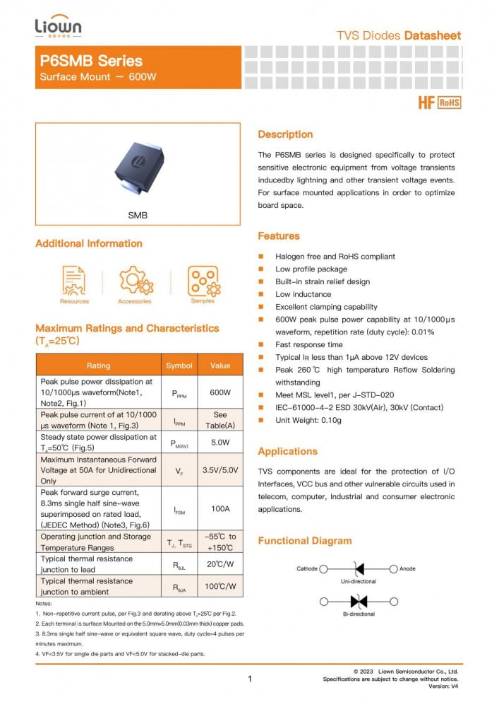 Liown P6SMB series datasheet page 1