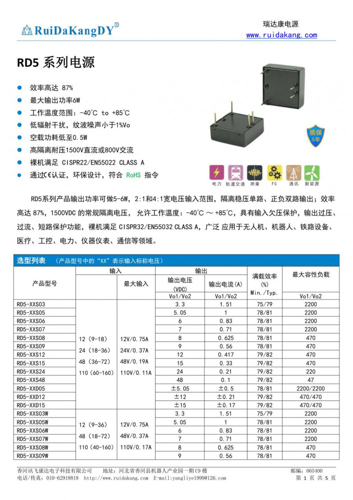 RD5 series datasheet page 1