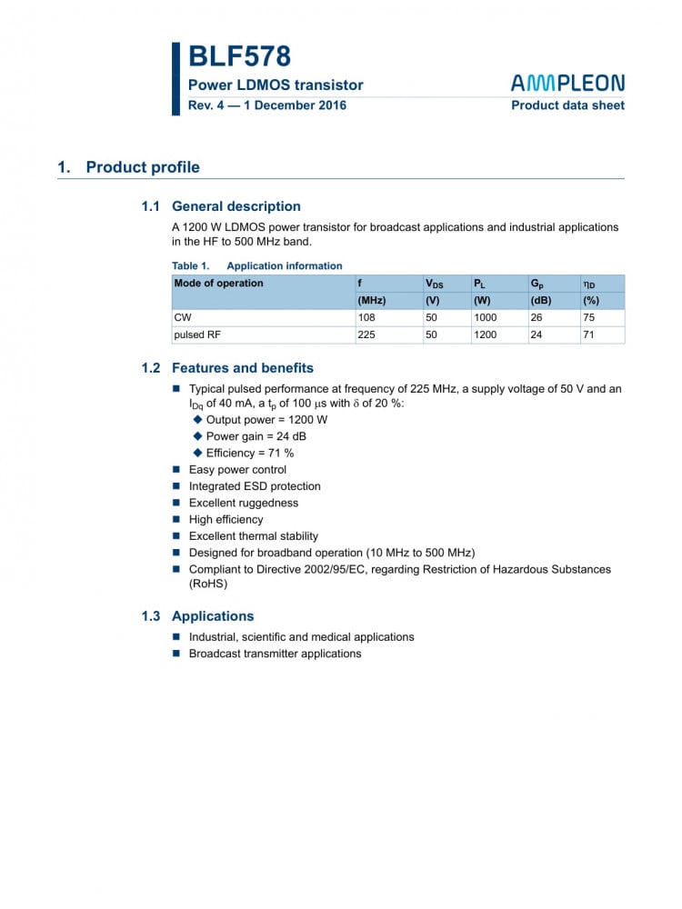 BLF578,112 datasheet page 1