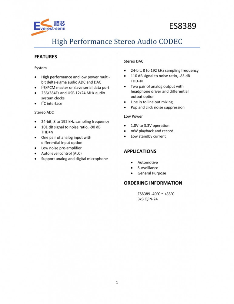 ES8389 datasheet page 1