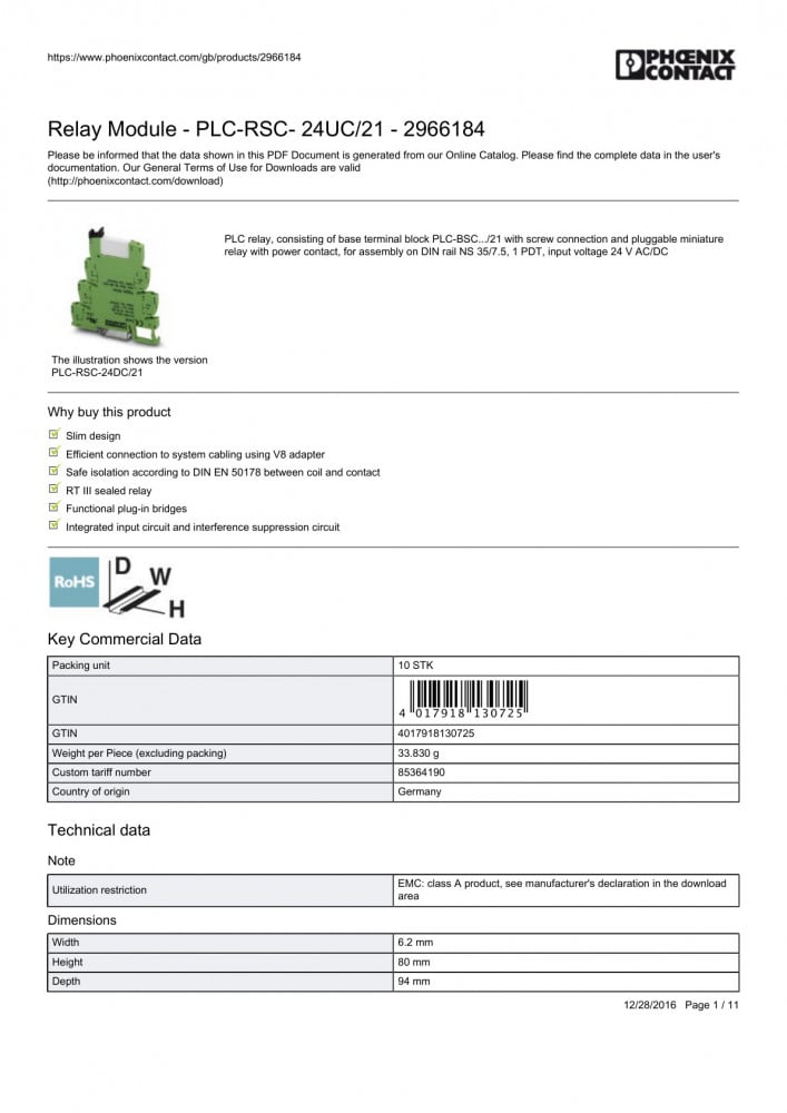 Phoenix Contact 2966184 technical document page 1