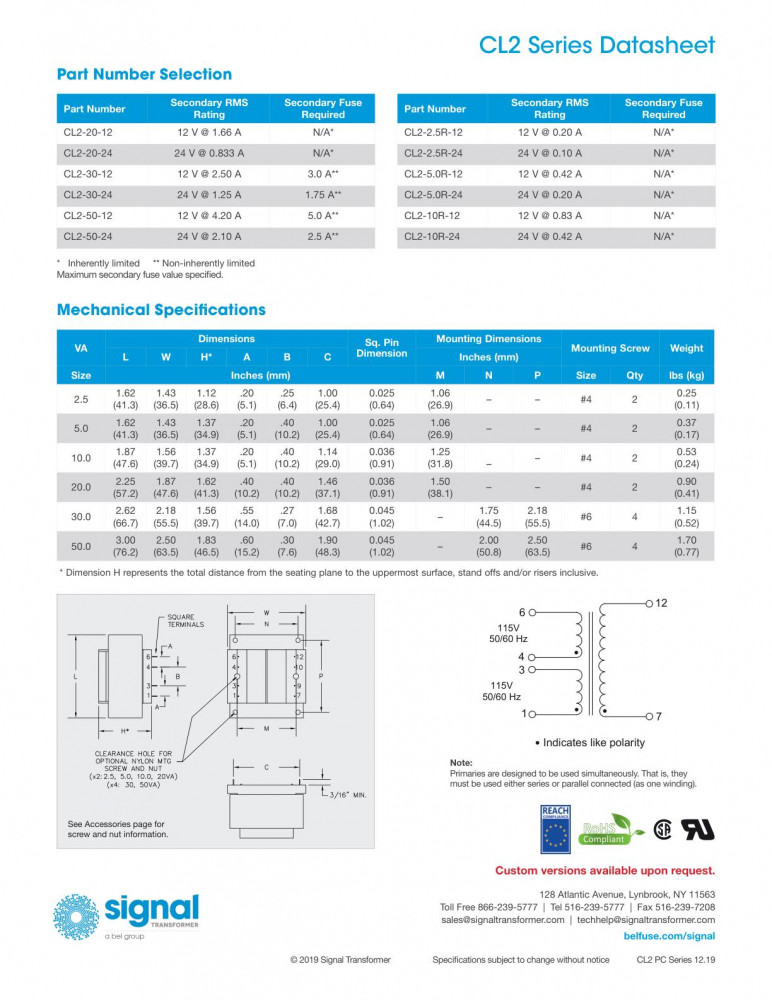 CL2 Series transformer datasheet page 2