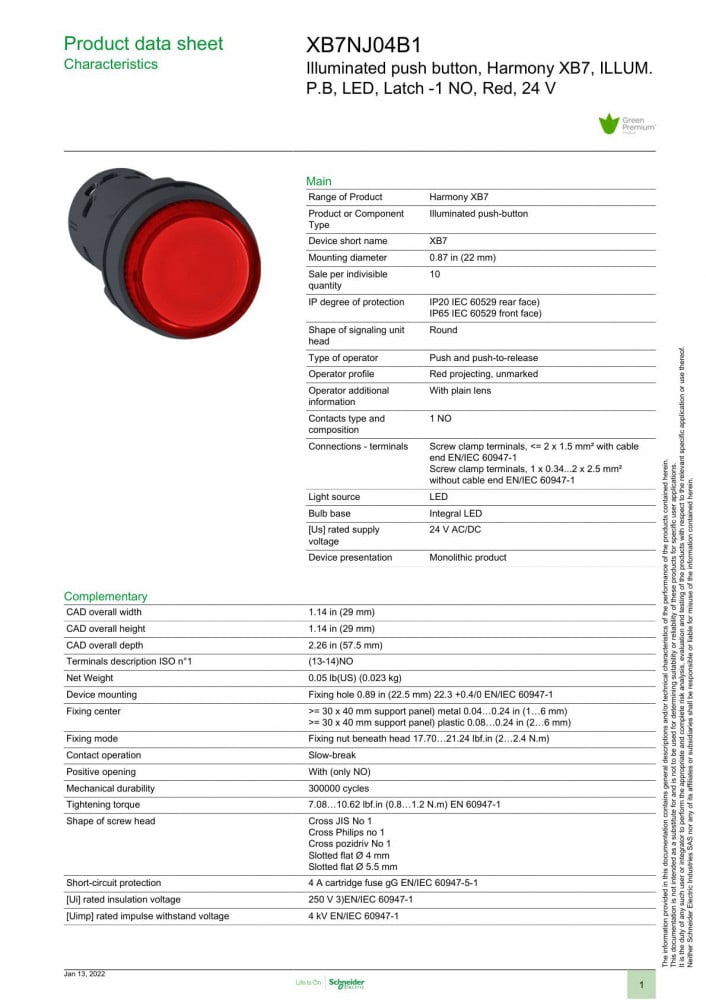 XB7NJ04B1 technical document page 1