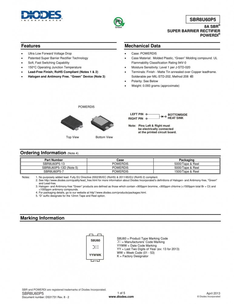 SBR8U60P5-13 datasheet page 1