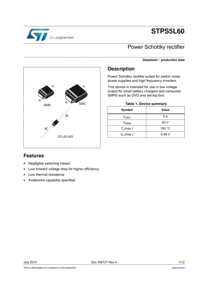 STPS5L60 datasheet page 1
