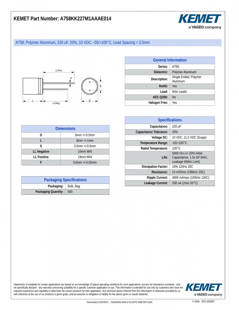 KEMET A758 series product document