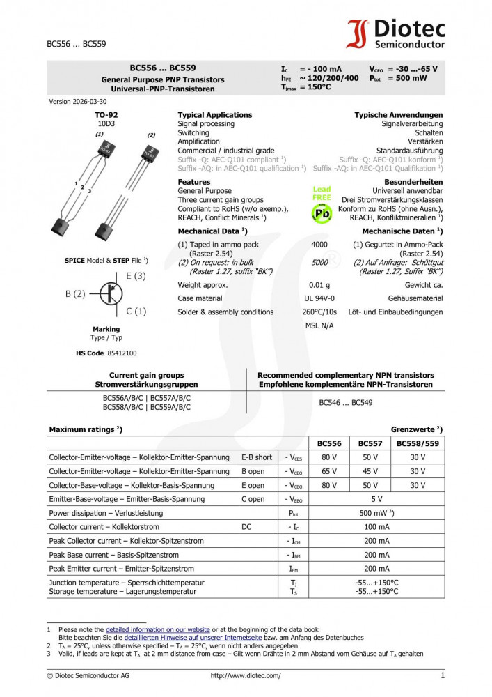 BC558C technical document page 1