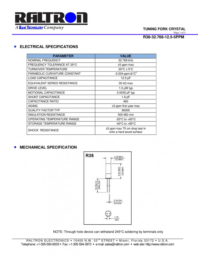 Raltron R38-32.768-12.5-5PPM technical document page 1