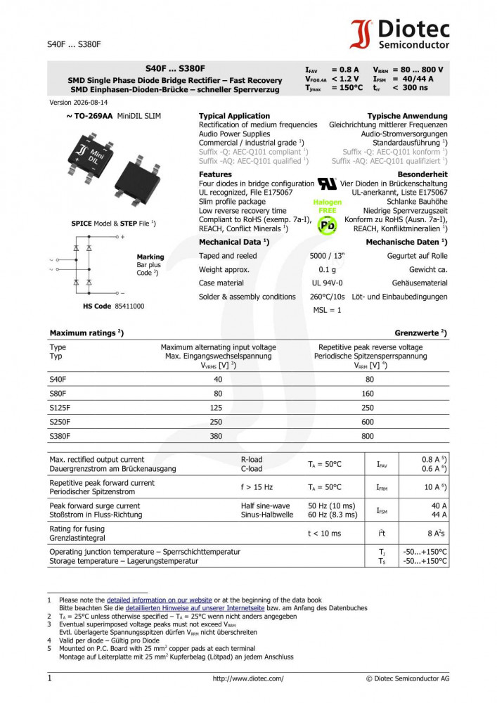 DIOTEC S250F datasheet image, page 1
