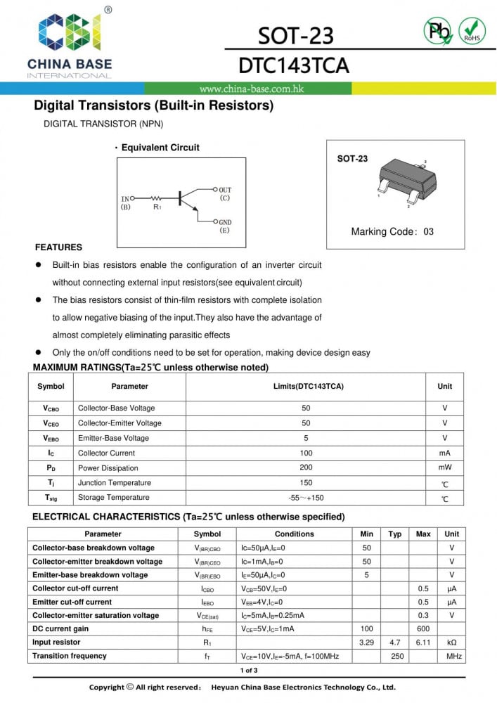 DTC143TCA datasheet page 1