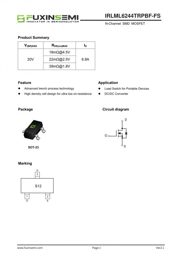 IRLML6244TRPBF-FS datasheet page 1