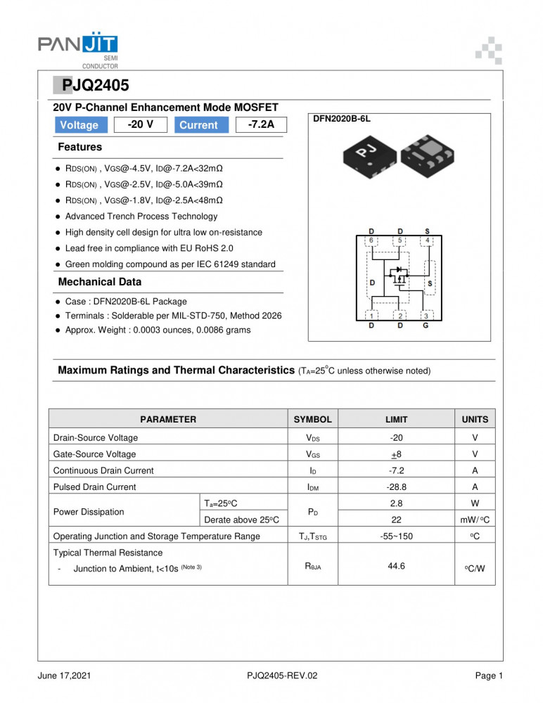 PJQ2405 datasheet page 1