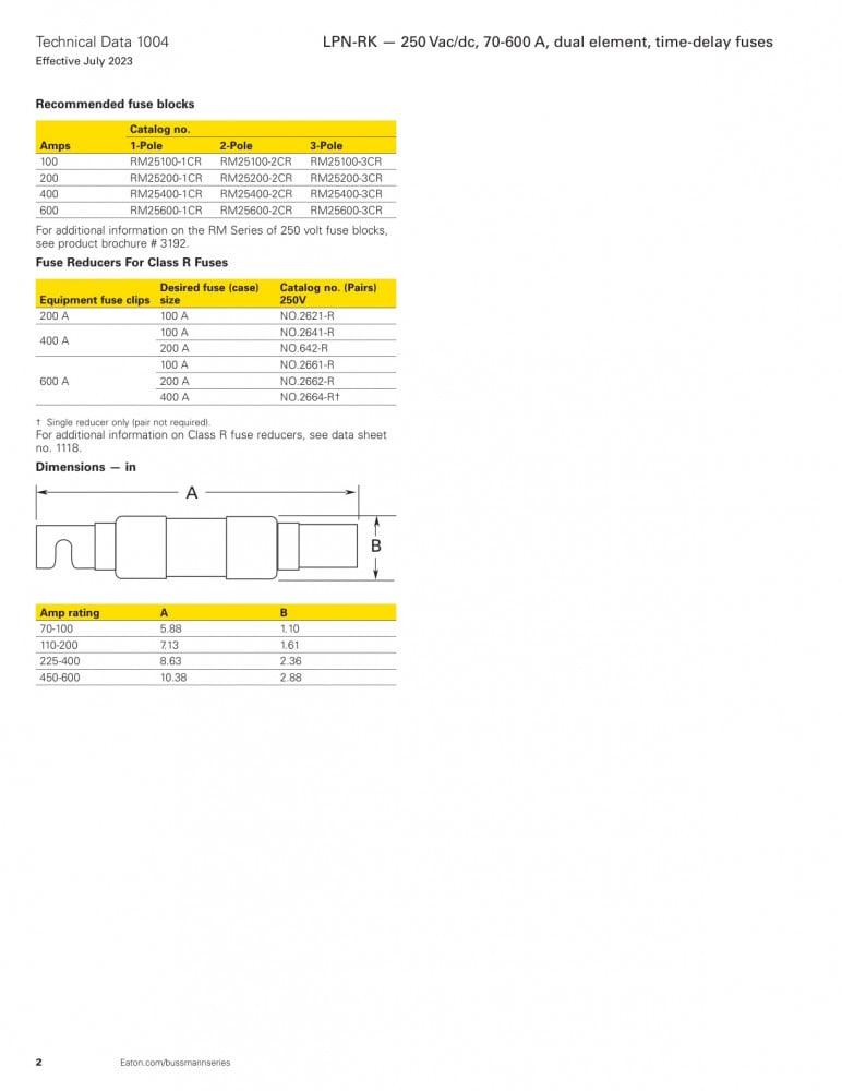 EATON Class R fuse reducer document page 2