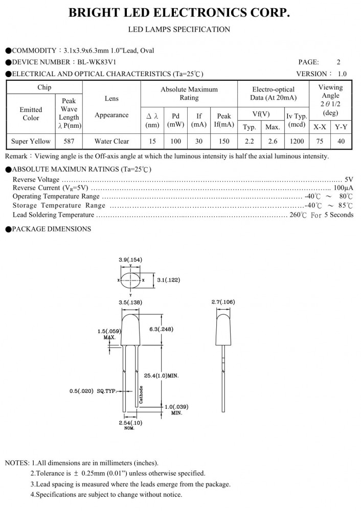 BL-WK83V1 specification page 2: electrical, optical and package information