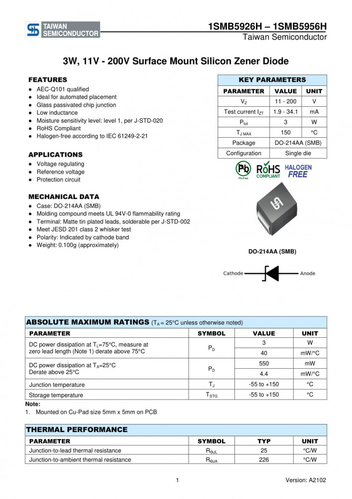 1SMB5930H technical document page 1