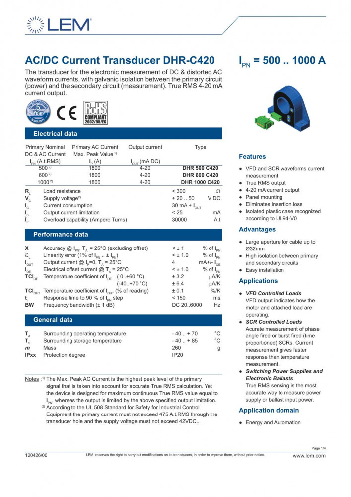 DHR 1000 C420 datasheet page 1