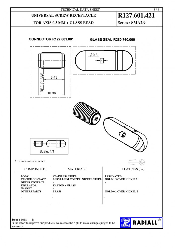 Radiall R127601421 technical data sheet, page 1