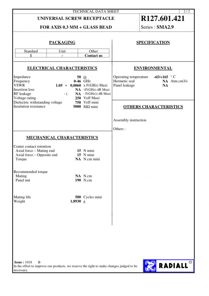 Radiall R127601421 technical data sheet, page 2