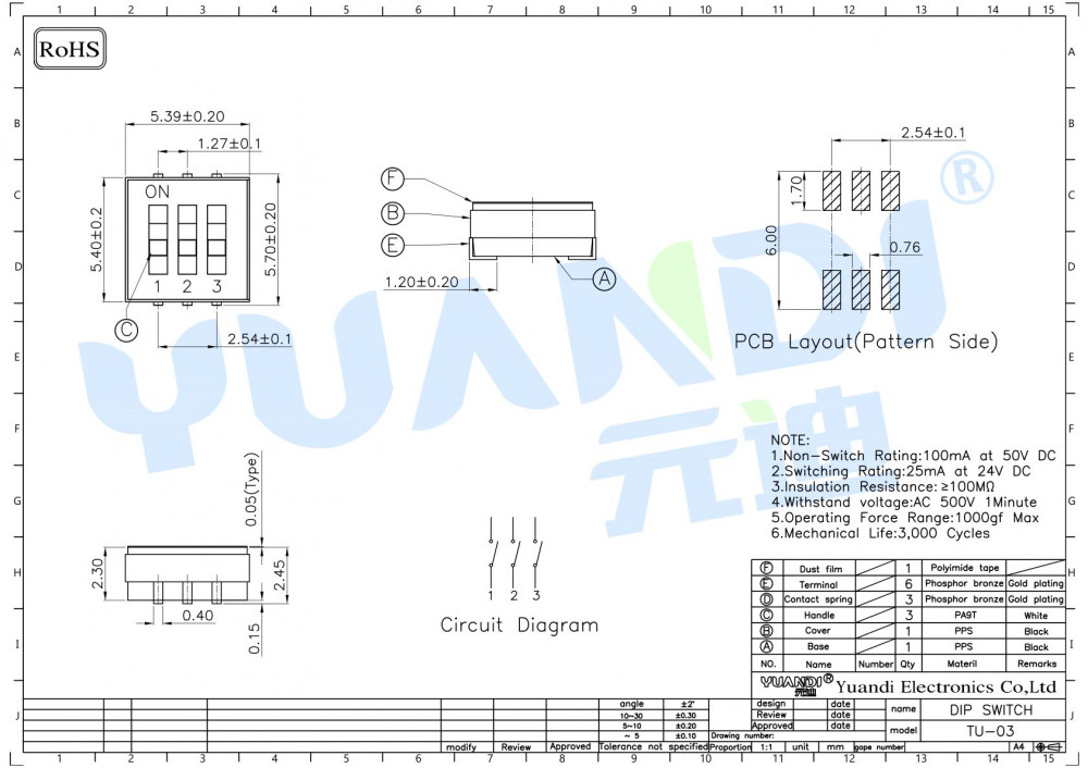 YUANDI TU-03 technical drawing and component breakdown