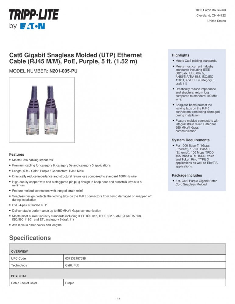 EATON N201-005-PU technical document page 1