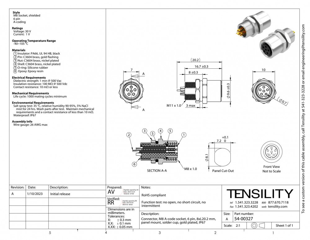 Tensility International 54-00327 M8 A-coded 6-pin socket product drawing