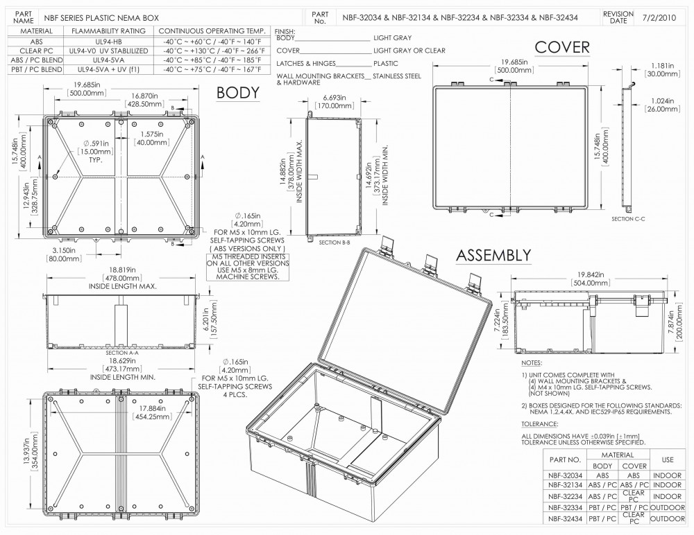 Bud Industries NBF series plastic enclosure technical drawing