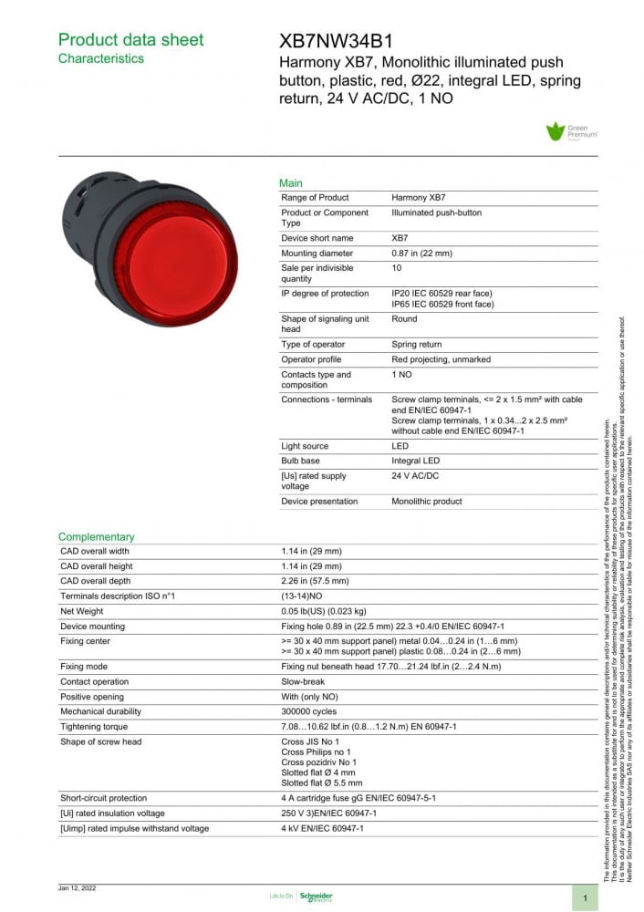 XB7NW34B1 technical document page 1
