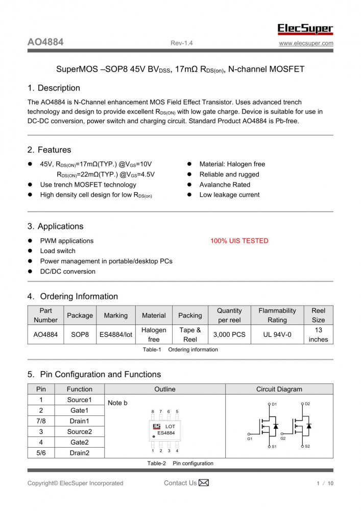 AO4884 datasheet page 1