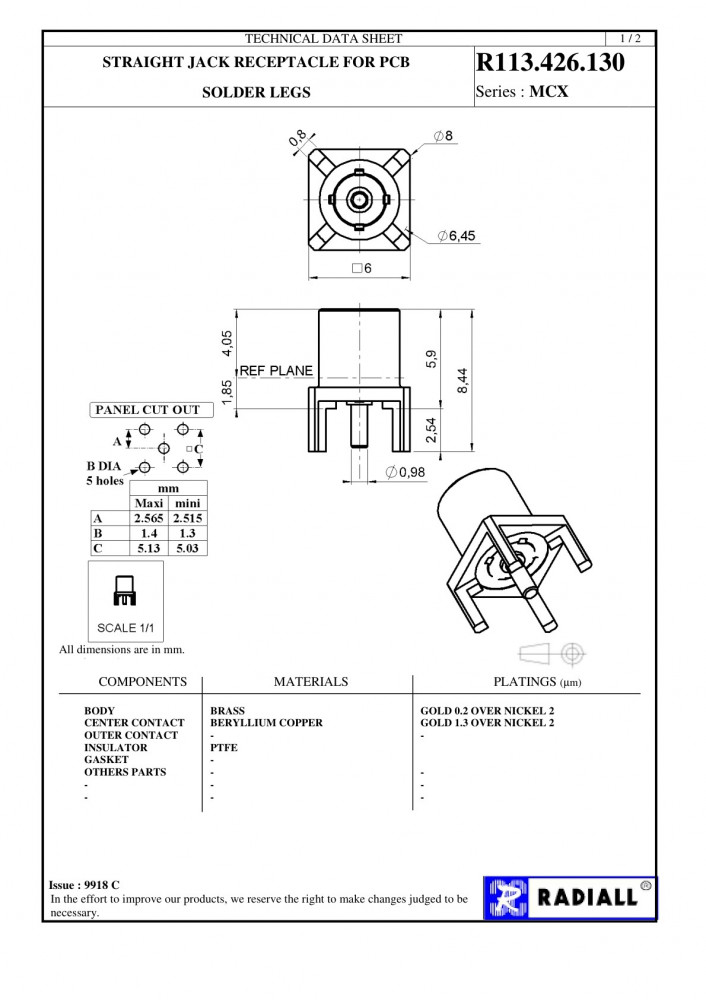 Radiall R113.426.130 technical document, page 1