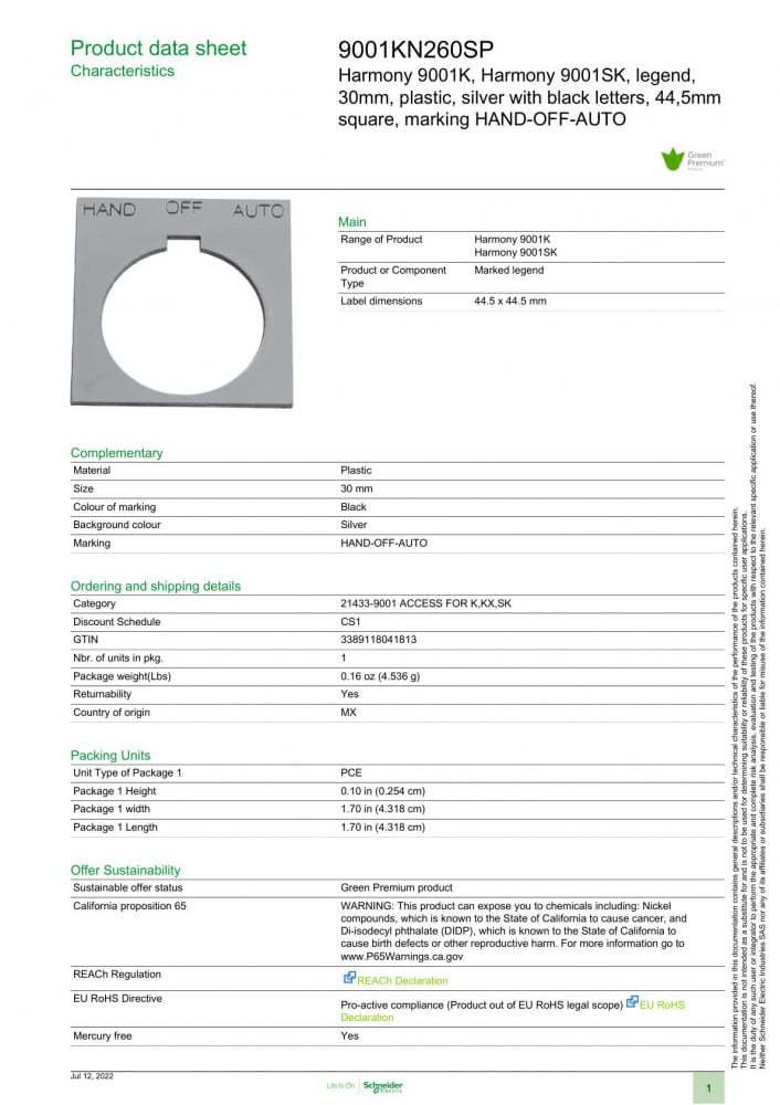 9001KN260SP technical document page 1