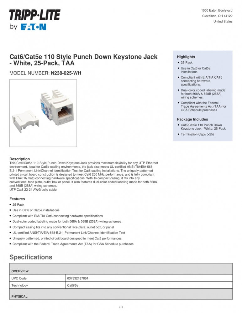 EATON N238-025-WH technical document page 1