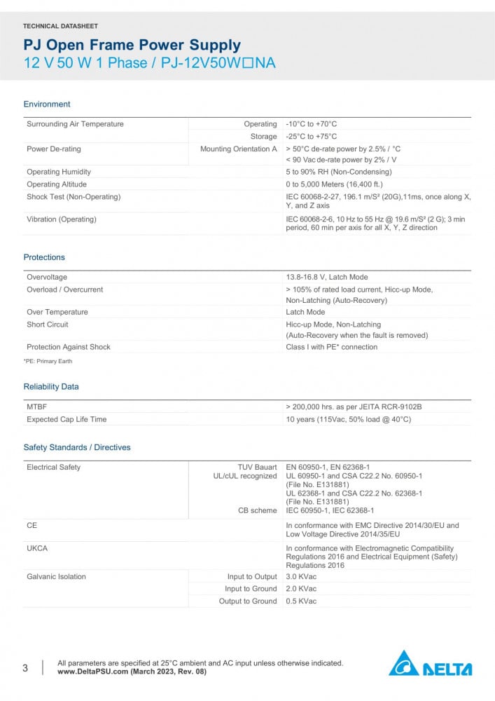 DELTA PJ-12V50WLNA datasheet page 3
