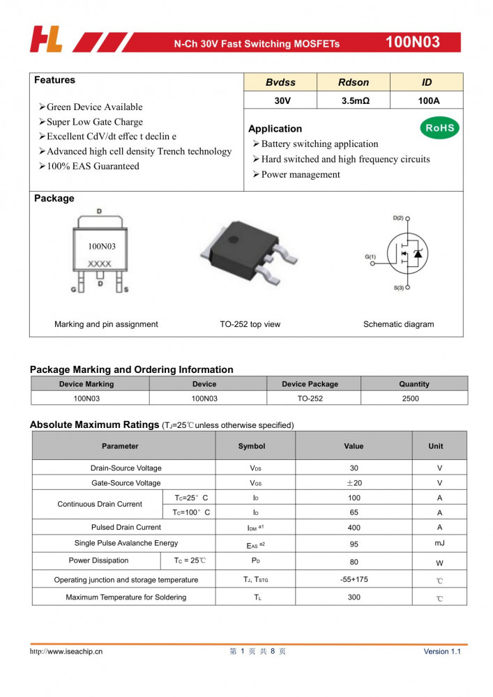HL 100N03 datasheet page 1