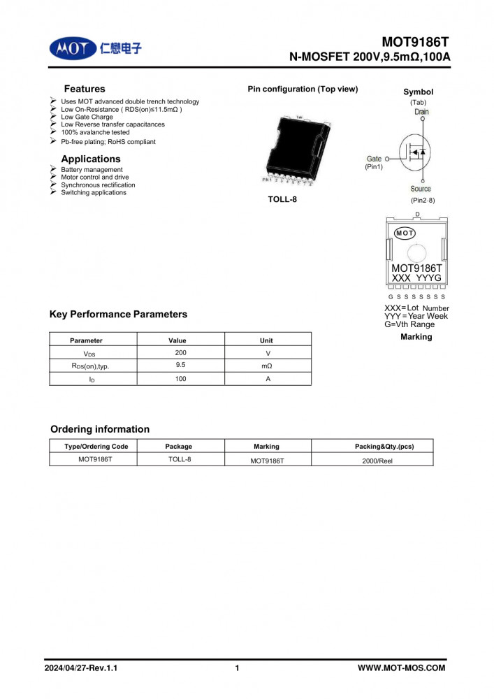 MOT9186T datasheet page 1