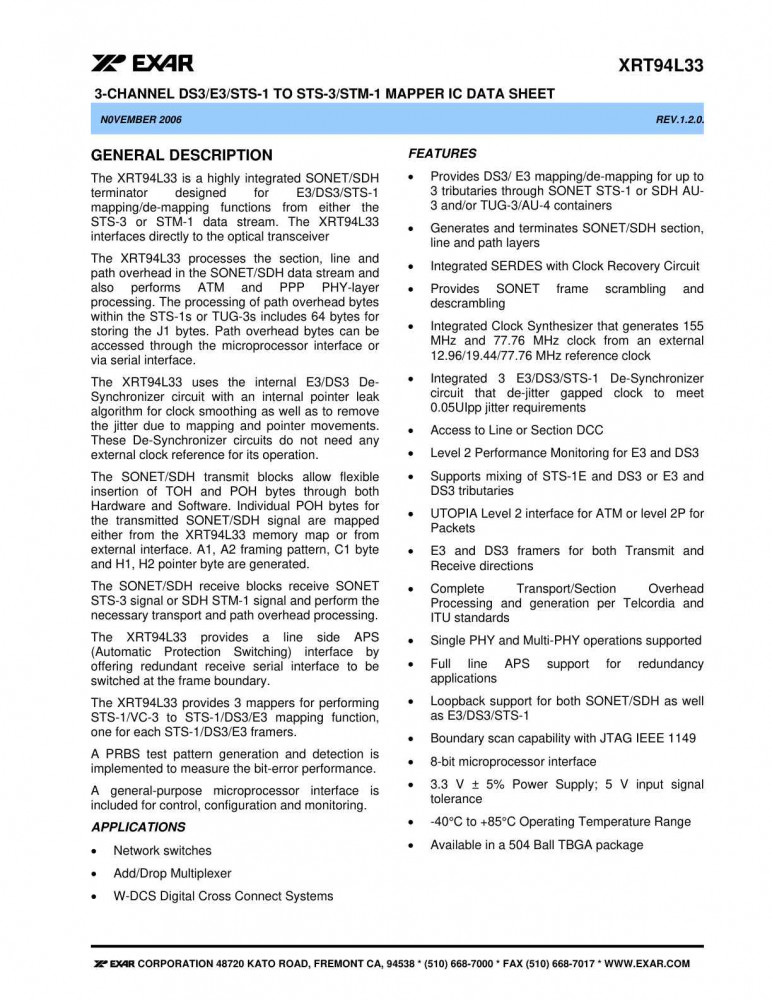 XRT94L33IB datasheet page 1