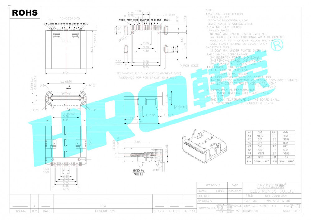 TYPE-C-31-M-38 USB connector drawing and pin assignment